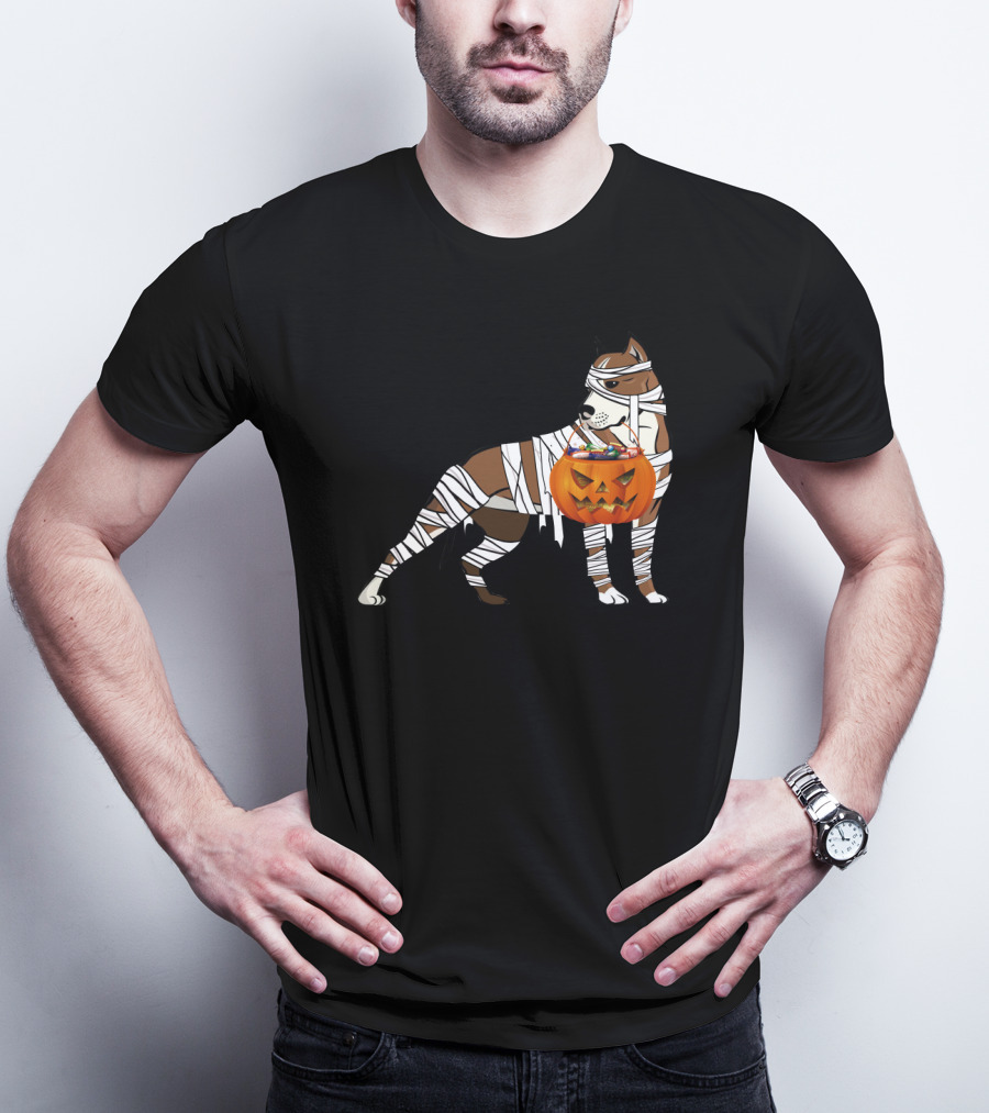 Halloween Mummy Wrapped Pitbull With Jack-O'-Lantern Pumpkin Basket T-Shirt