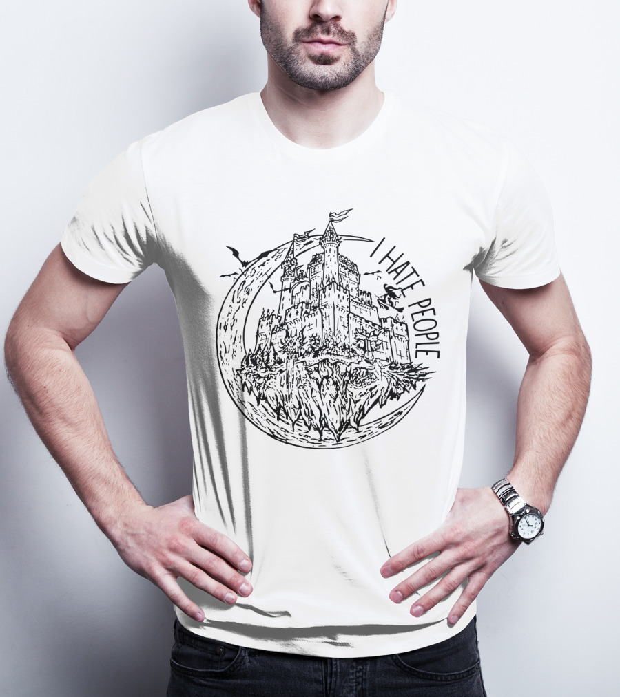 I Hate People Haunted Halloween Castle With Crescent Moon And Flying Bats T-Shirt