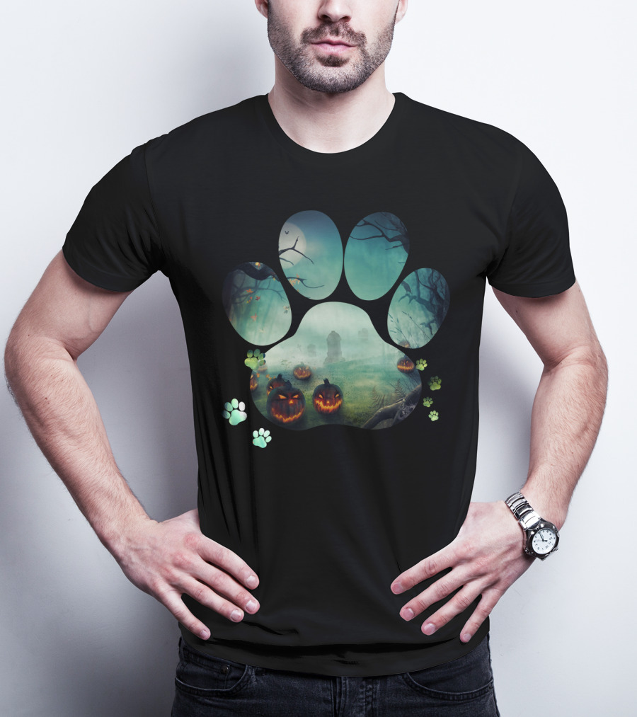 Halloween Paw Print With Spooky Jack-O-Lanterns In Haunted Forest T-Shirt