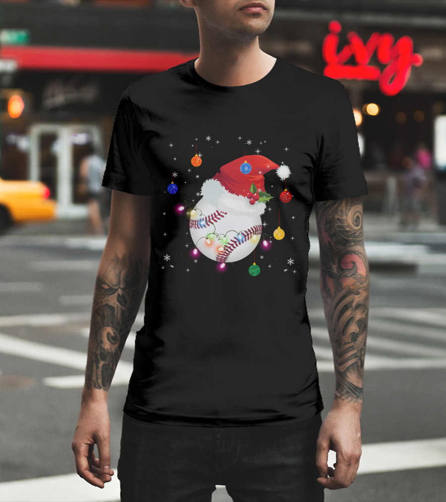 Santa Hat Baseball Christmas Ornaments Holiday Lights Snowflakes T-Shirt