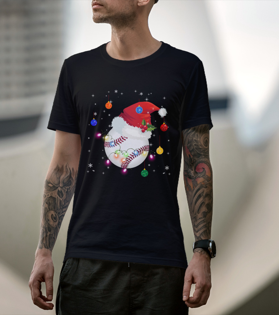 Santa Hat Baseball Christmas Ornaments Holiday Lights Snowflakes T-Shirt