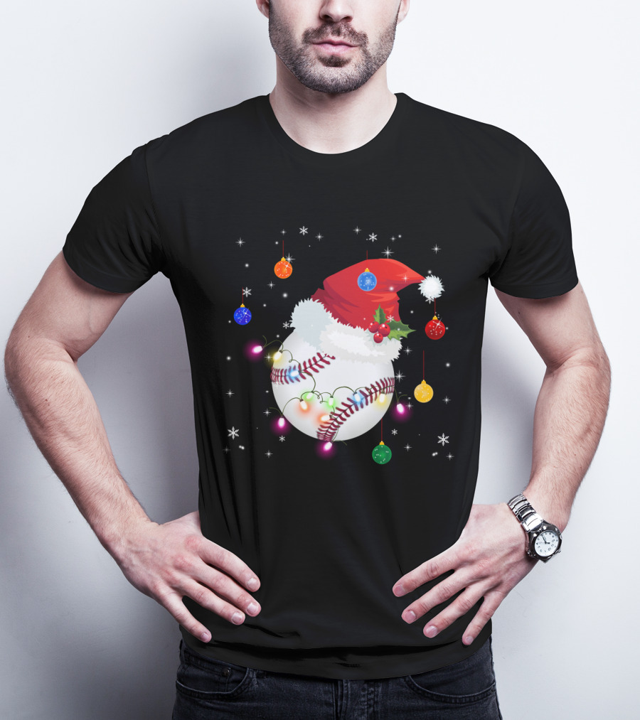 Santa Hat Baseball Christmas Ornaments Holiday Lights Snowflakes T-Shirt