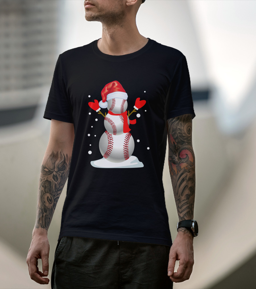 Baseball-Themed Snowman With Santa Hat And Mittens Winter Holiday T-Shirt