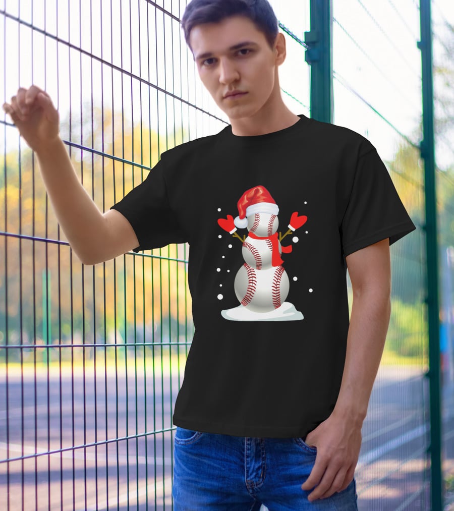 Baseball-Themed Snowman With Santa Hat And Mittens Winter Holiday T-Shirt