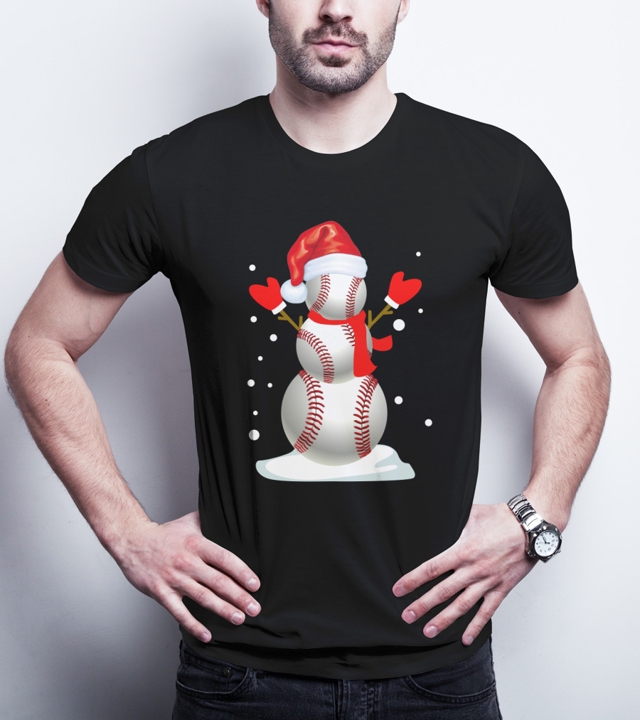 Baseball-Themed Snowman With Santa Hat And Mittens Winter Holiday T-Shirt