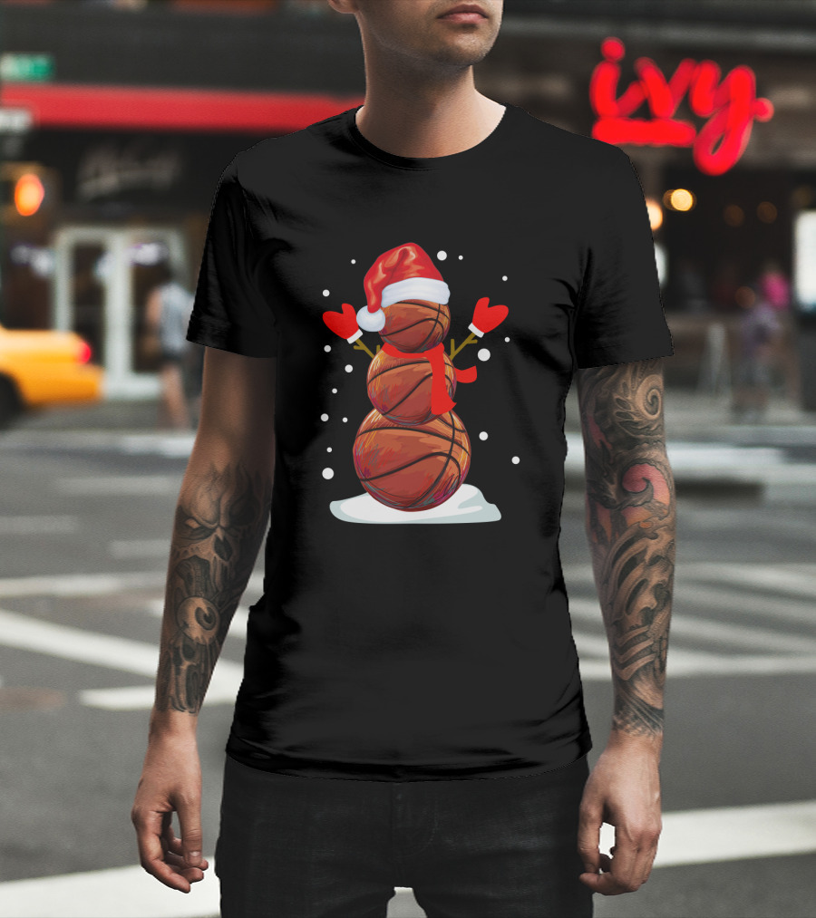 Basketball Snowman With Santa Hat And Red Mittens T-Shirt