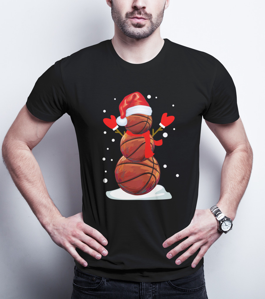 Basketball Snowman With Santa Hat And Red Mittens T-Shirt