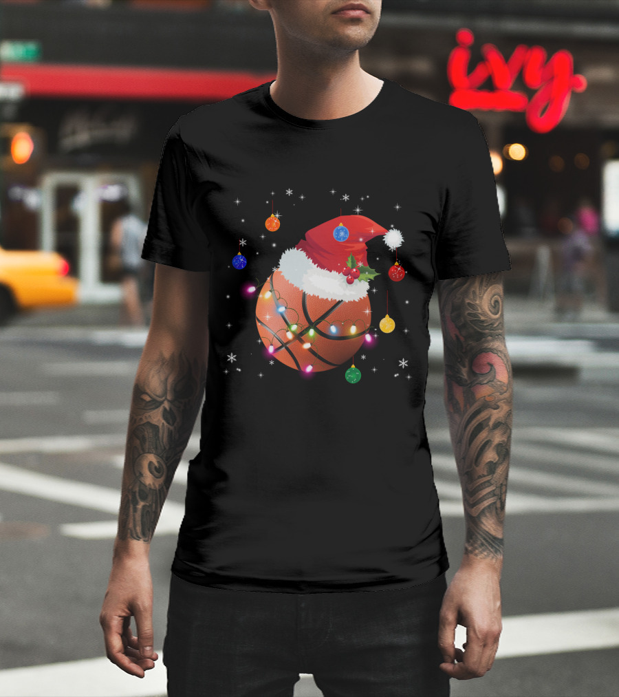 Santa Hat Basketball With Christmas Lights And Ornaments T-Shirt