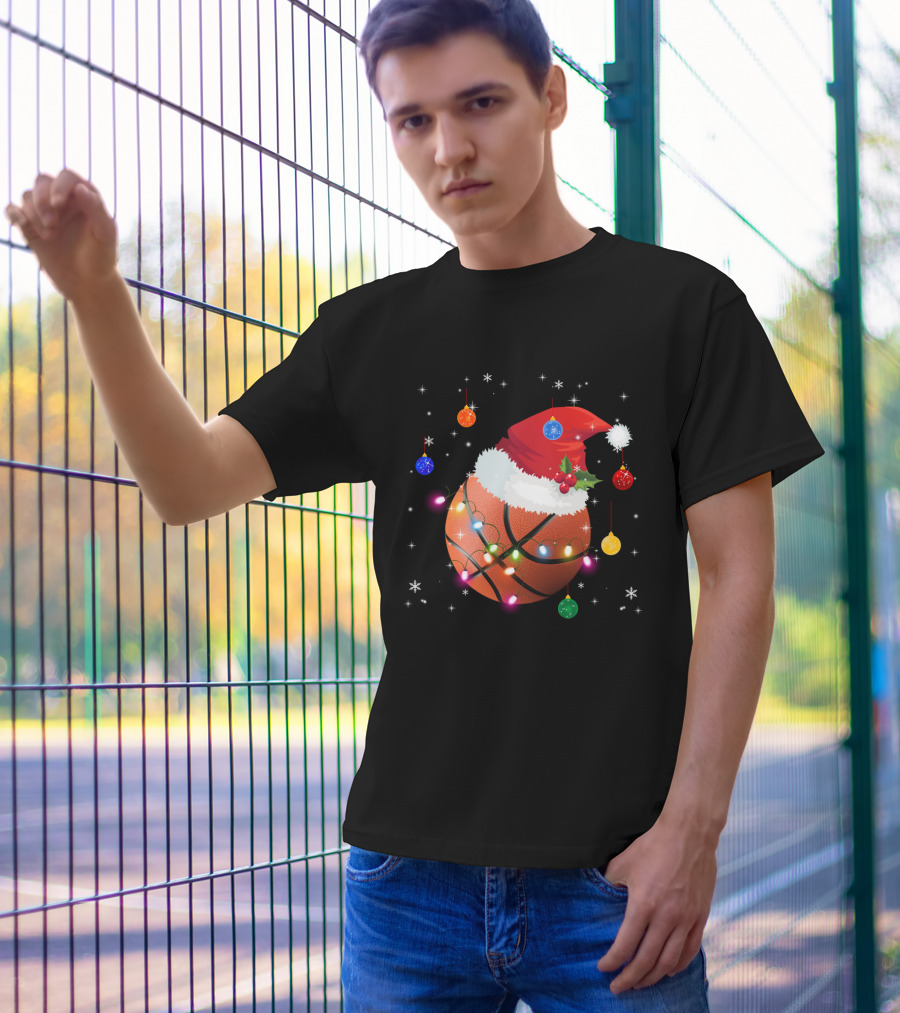 Santa Hat Basketball With Christmas Lights And Ornaments T-Shirt