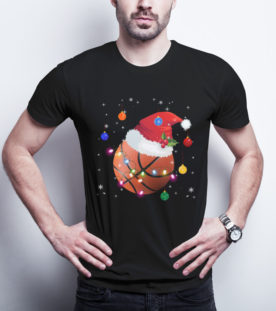 Santa Hat Basketball With Christmas Lights And Ornaments T-Shirt