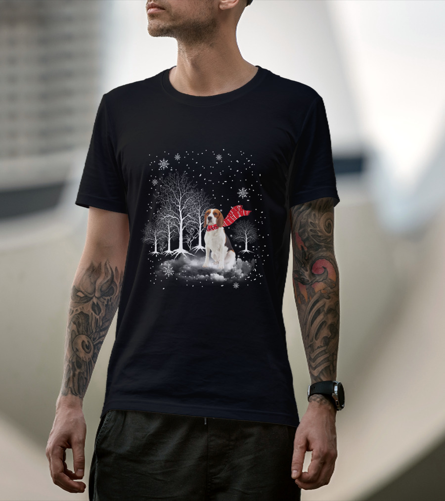 Basset Hound Winter Wonderland Snowy Trees Red Scarf T-Shirt