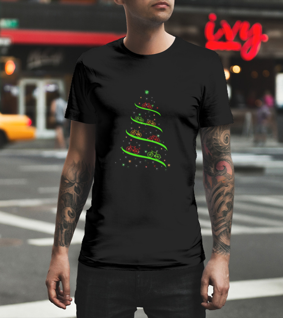 Bicycle Holiday Tree Lights With Red Green Yellow Bikes And Stars T-Shirt
