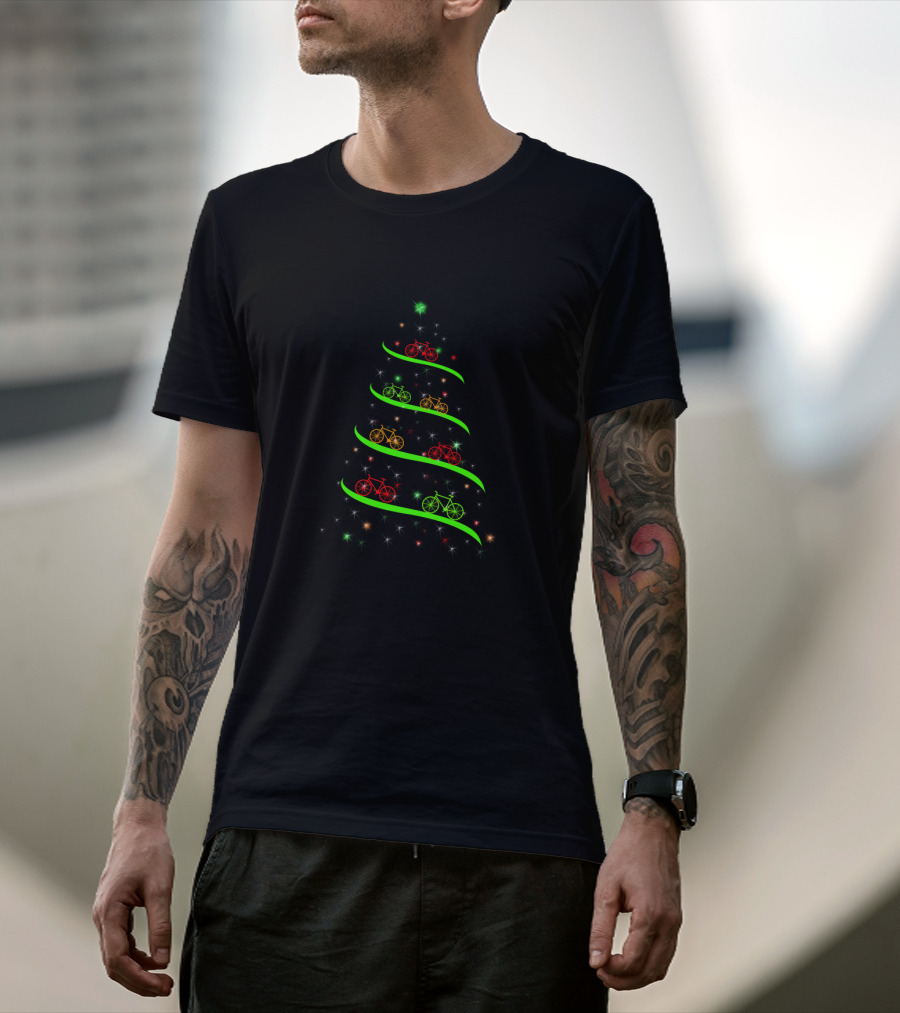 Bicycle Holiday Tree Lights With Red Green Yellow Bikes And Stars T-Shirt