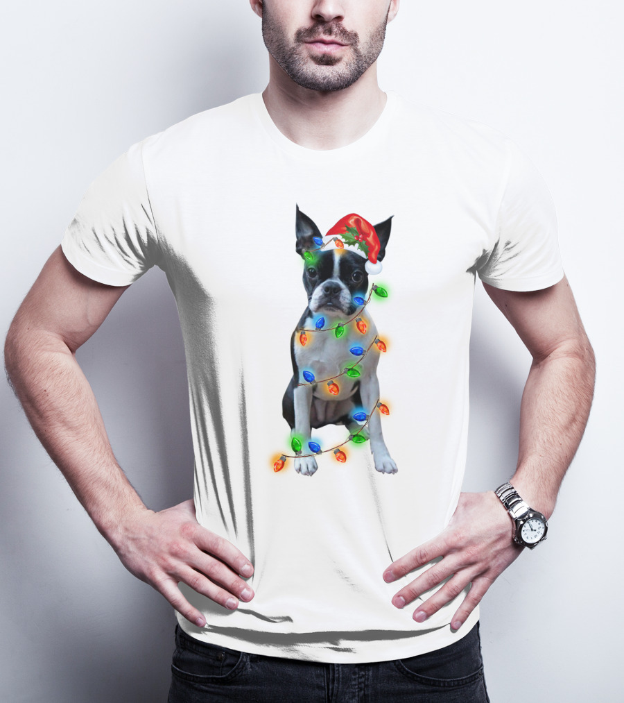 Boston Terrier With Christmas Lights And Santa Hat T-Shirt