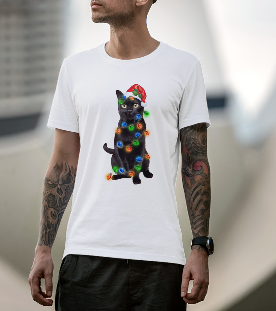 Santa Hat Black Cat Wrapped In Colorful Christmas Lights T-Shirt