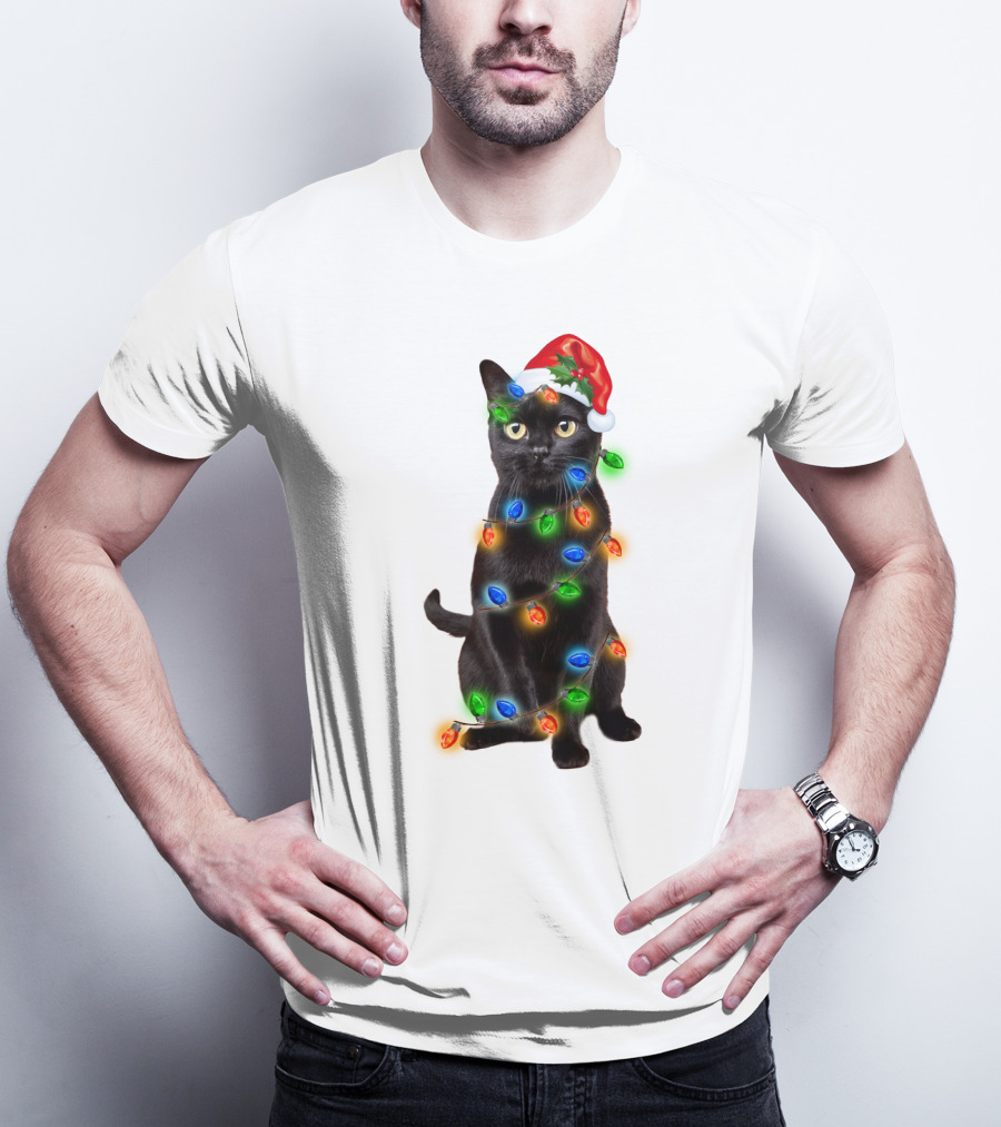Santa Hat Black Cat Wrapped In Colorful Christmas Lights T-Shirt