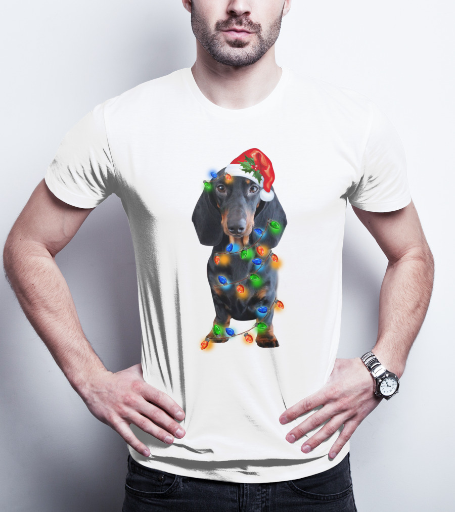 Black Dachshund Wearing Santa Hat And Wrapped In Christmas Lights T-Shirt