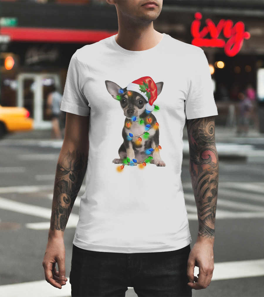 Black Chihuahua Wearing Santa Hat Wrapped In Colorful Christmas Lights T-Shirt