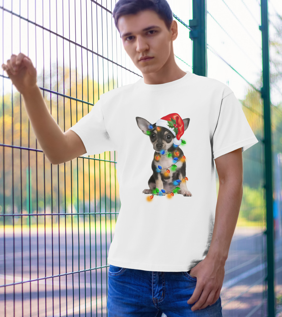 Black Chihuahua Wearing Santa Hat Wrapped In Colorful Christmas Lights T-Shirt