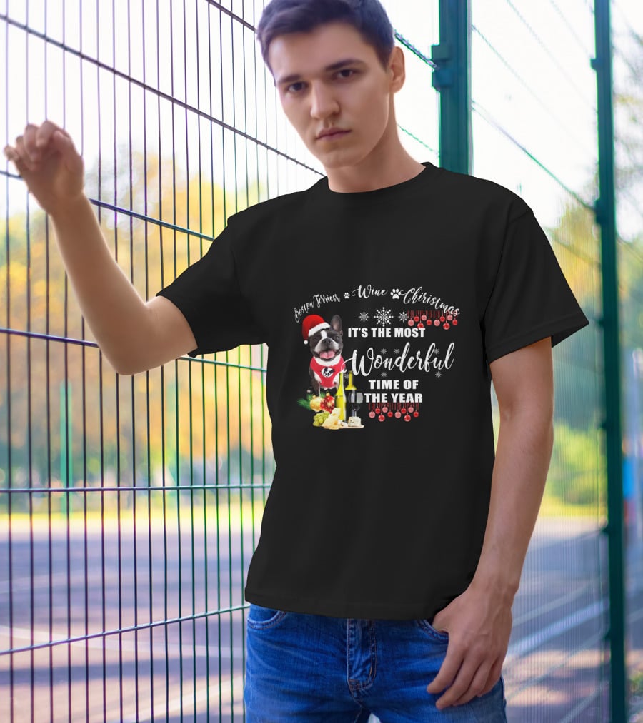 Boston Terrier Wine Christmas It's The Most Wonderful Time Of The Year T-Shirt