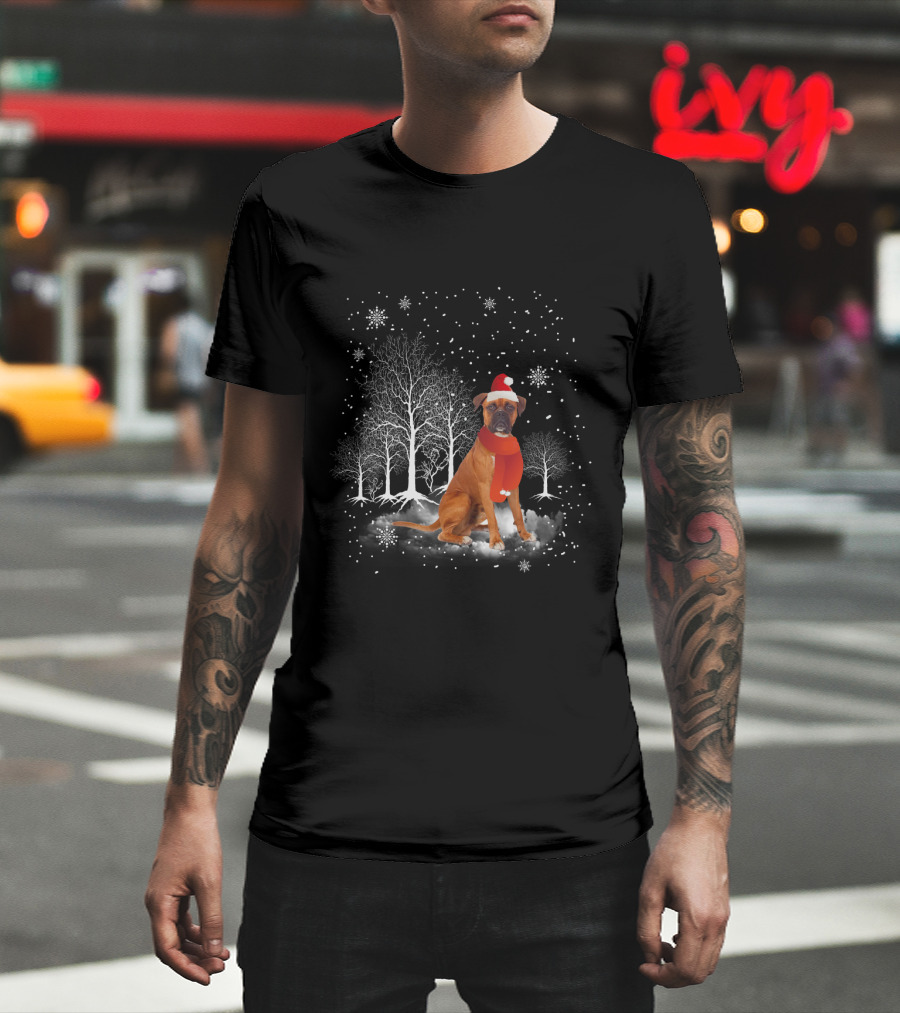 Boxer Dog With Santa Hat And Scarf In Snowy Winter Wonderland Scene T-Shirt