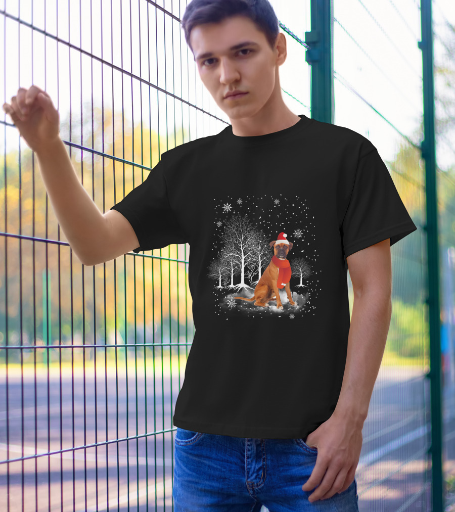 Boxer Dog With Santa Hat And Scarf In Snowy Winter Wonderland Scene T-Shirt