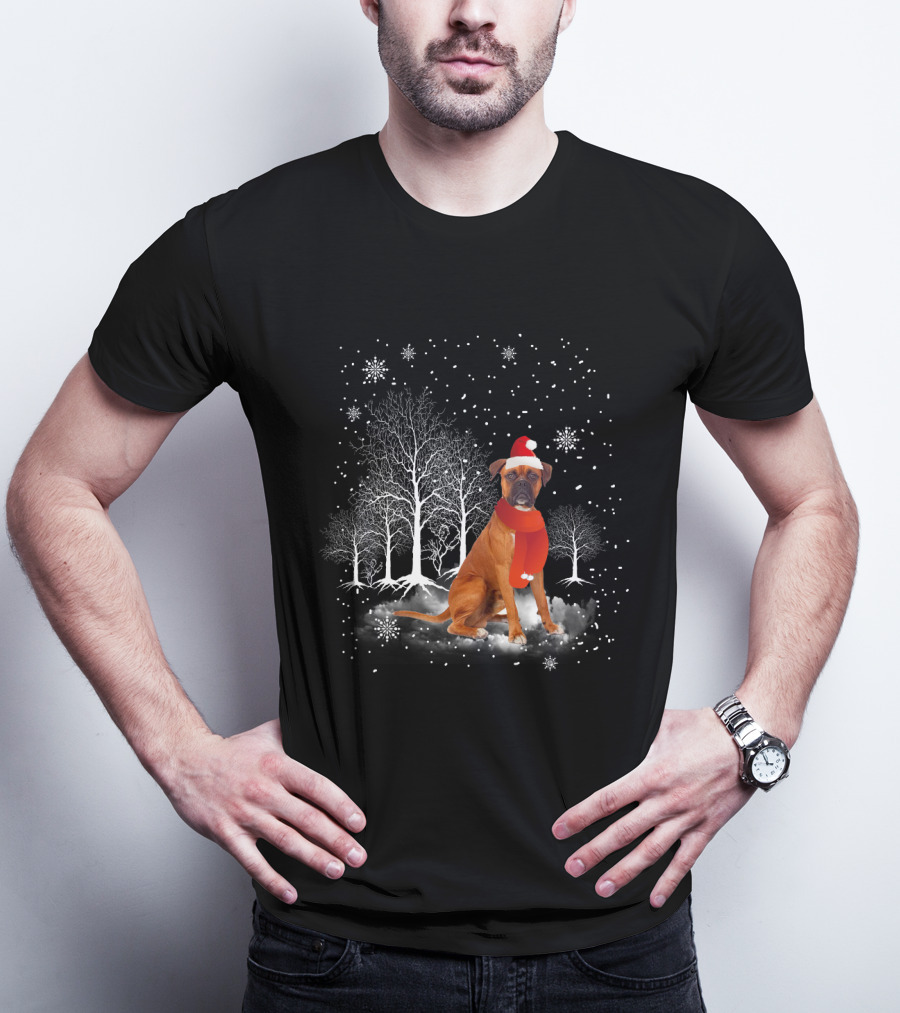 Boxer Dog With Santa Hat And Scarf In Snowy Winter Wonderland Scene T-Shirt