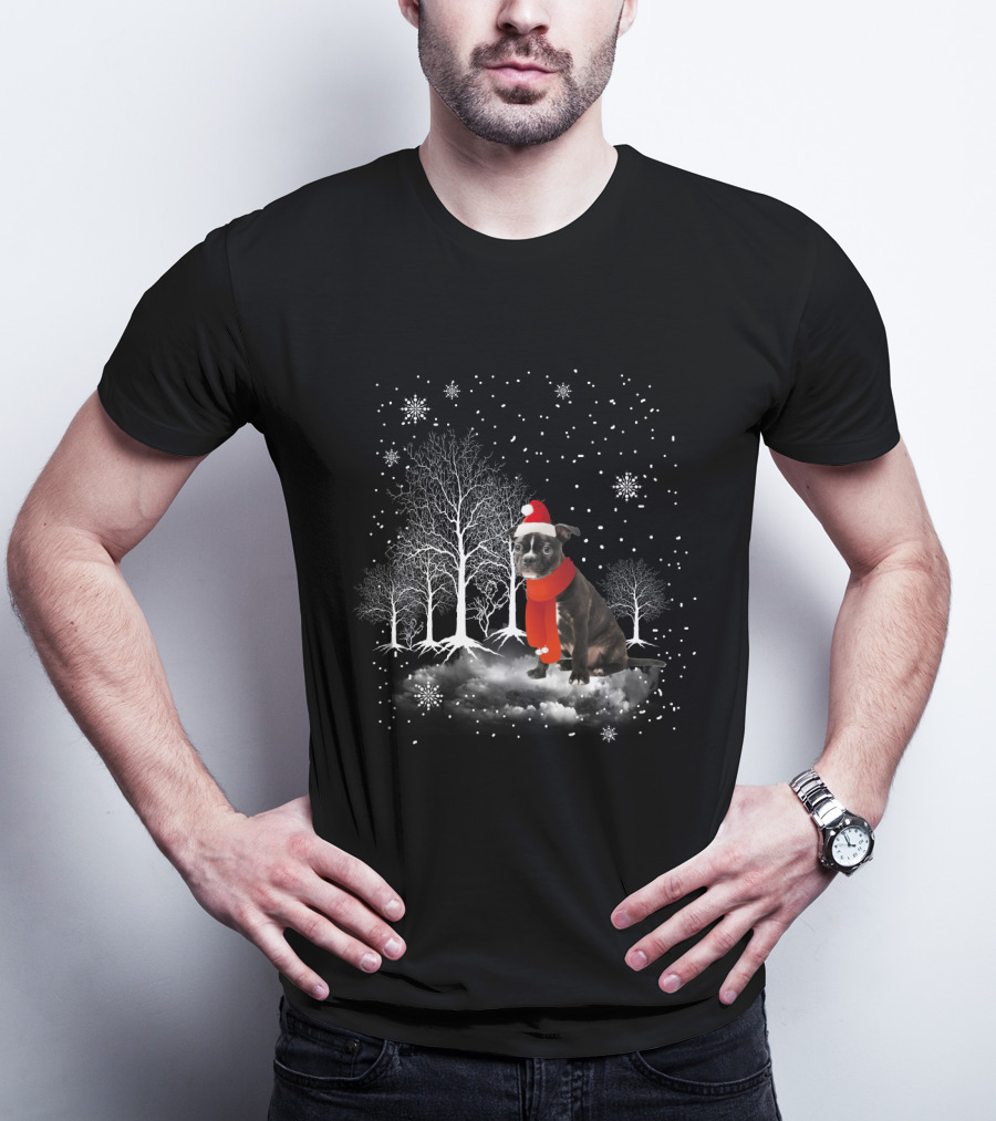 Boston Terrier In Snowy Winter Wonderland With Santa Hat And Scarf T-Shirt
