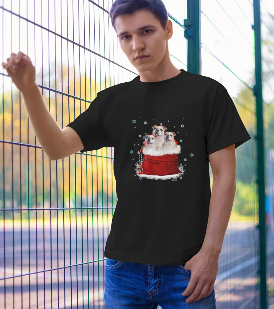 Bulldog Trio Christmas Sack Snowflakes Holiday T-Shirt