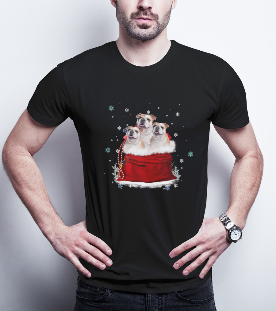 Bulldog Trio Christmas Sack Snowflakes Holiday T-Shirt