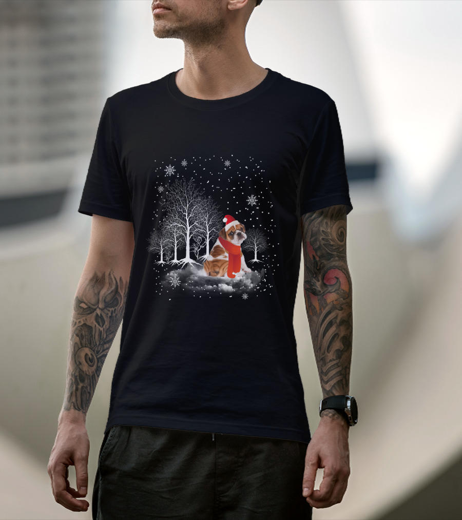 Bulldog In Snowy Forest With Santa Hat And Scarf Amidst Falling Snowflakes T-Shirt