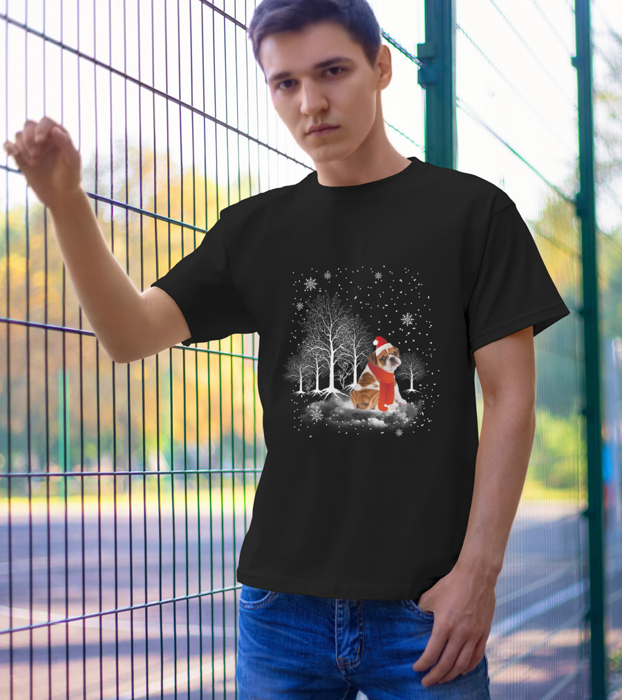 Bulldog In Snowy Forest With Santa Hat And Scarf Amidst Falling Snowflakes T-Shirt