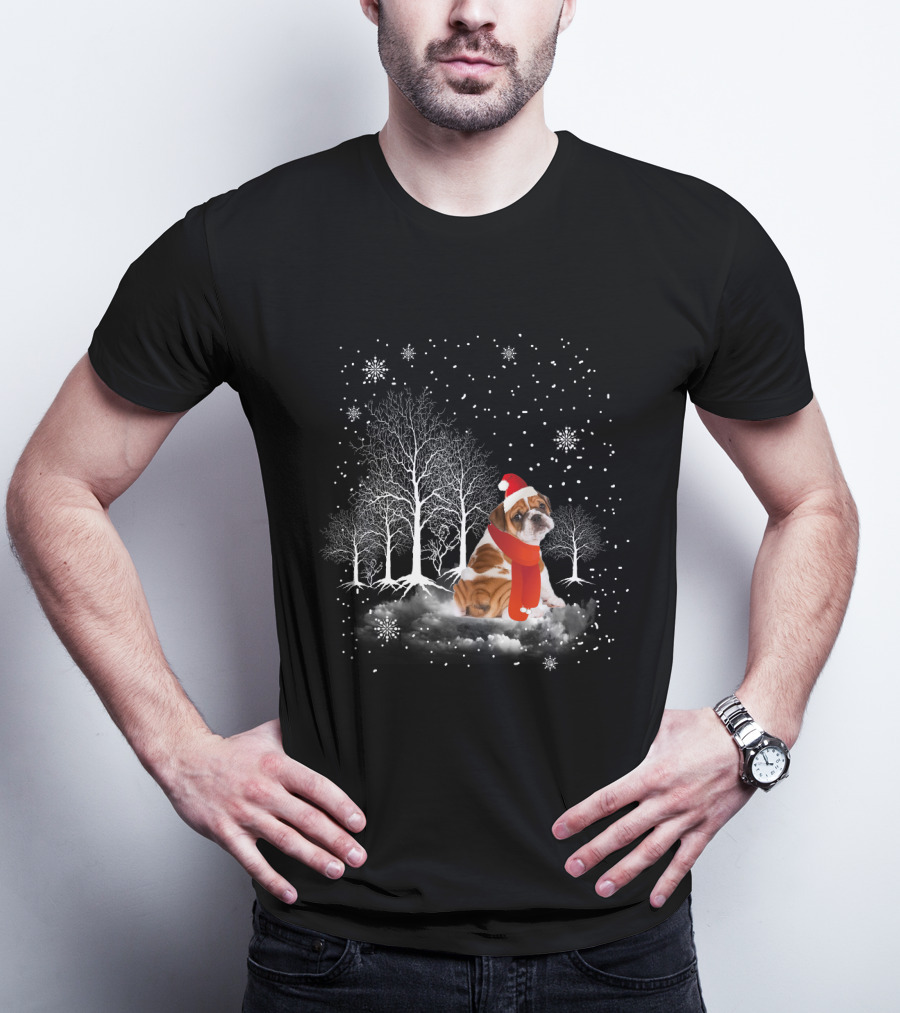 Bulldog In Snowy Forest With Santa Hat And Scarf Amidst Falling Snowflakes T-Shirt