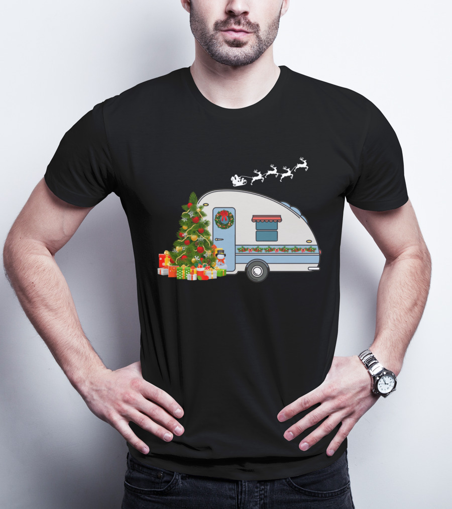 Camper Van With Christmas Tree, Snowman, Presents, And Santa Sleigh T-Shirt