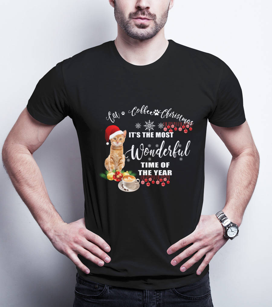 Cat Coffee Christmas It's The Most Wonderful Time Of The Year With Santa Hat And Ornaments T-Shirt