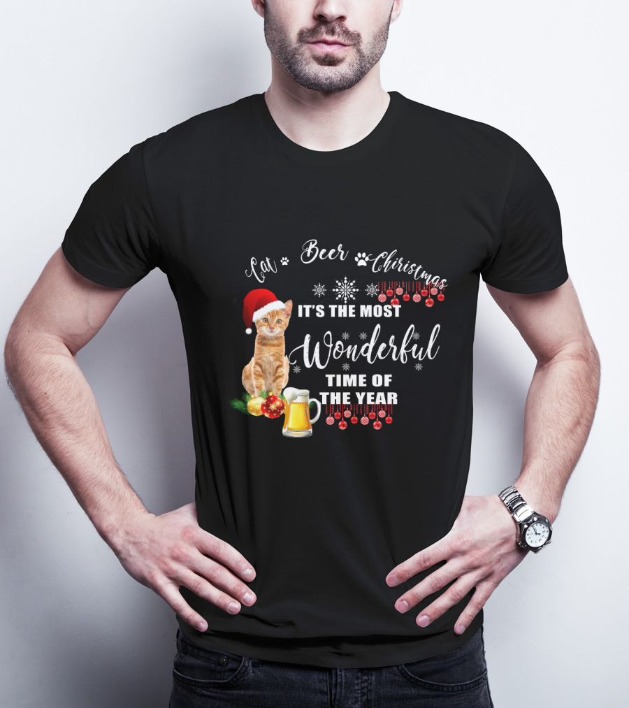 Cat Beer Christmas It's The Most Wonderful Time Of The Year Snowflakes Santa Hat T-Shirt