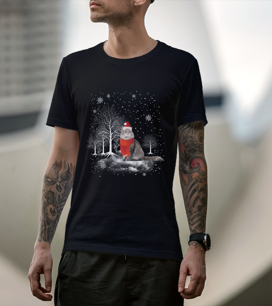 Cat In Snowy Winter Scene With Red Santa Hat And Scarf T-Shirt