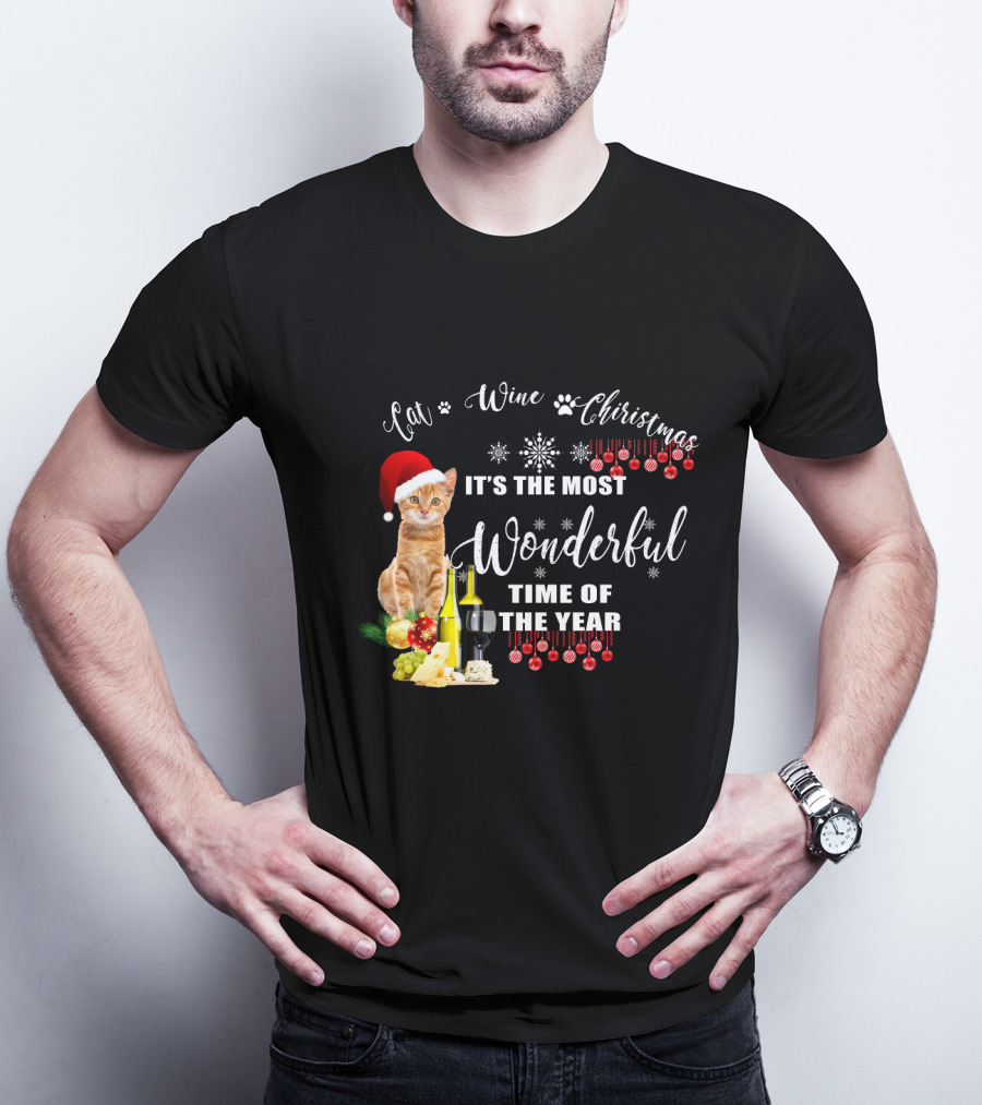 Cat Wine Christmas It's The Most Wonderful Time Of The Year T-Shirt