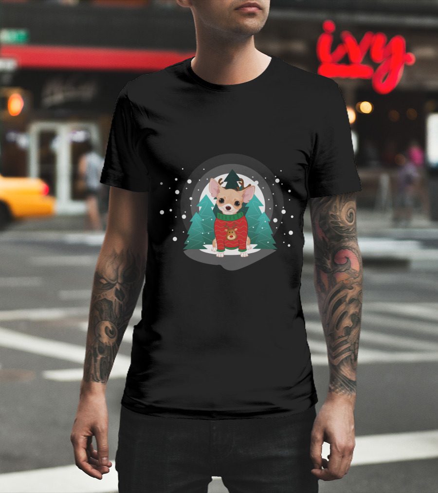 Chihuahua Terrier Wearing Christmas Sweater Snowflake Forest Scene T-Shirt