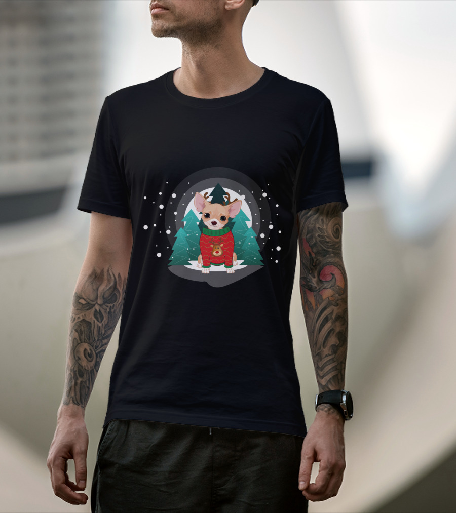 Chihuahua Terrier Wearing Christmas Sweater Snowflake Forest Scene T-Shirt