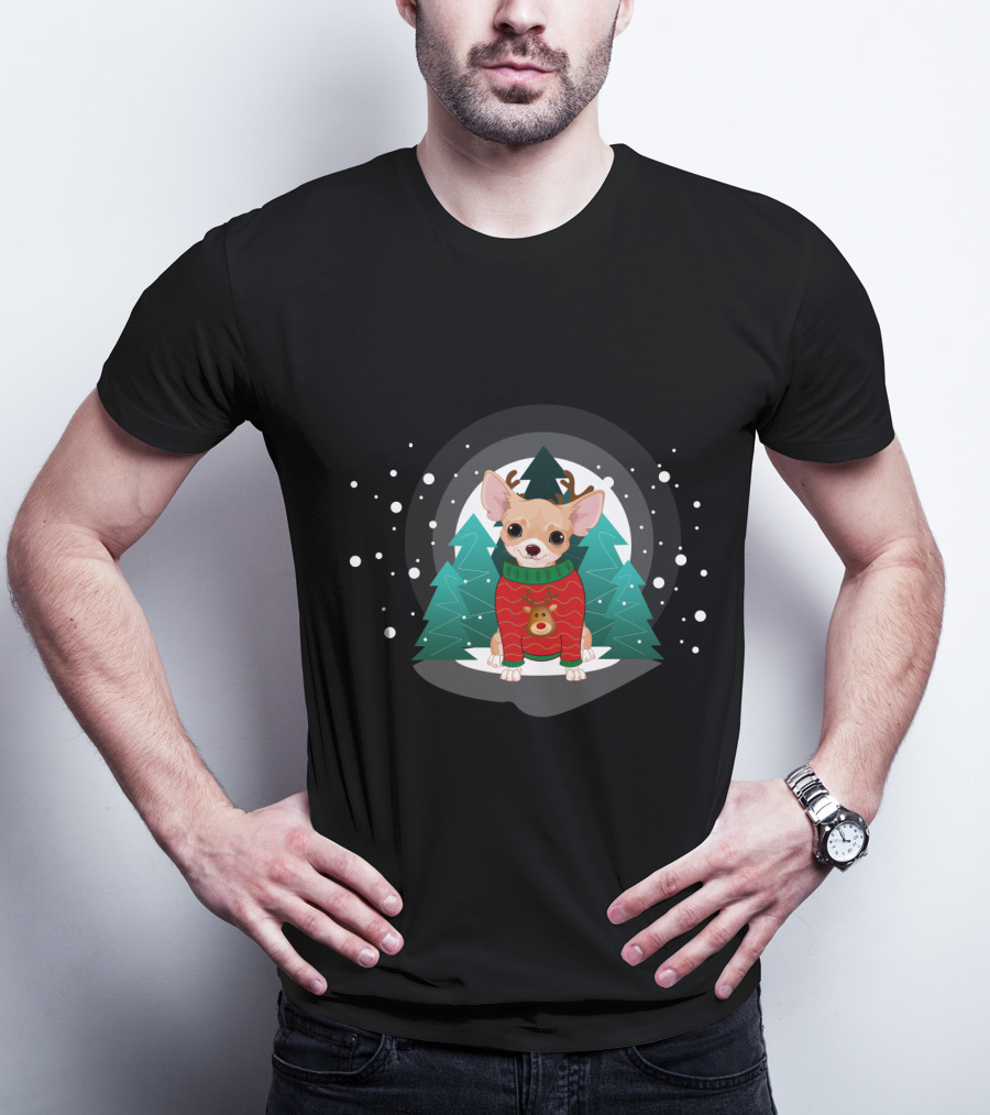 Chihuahua Terrier Wearing Christmas Sweater Snowflake Forest Scene T-Shirt