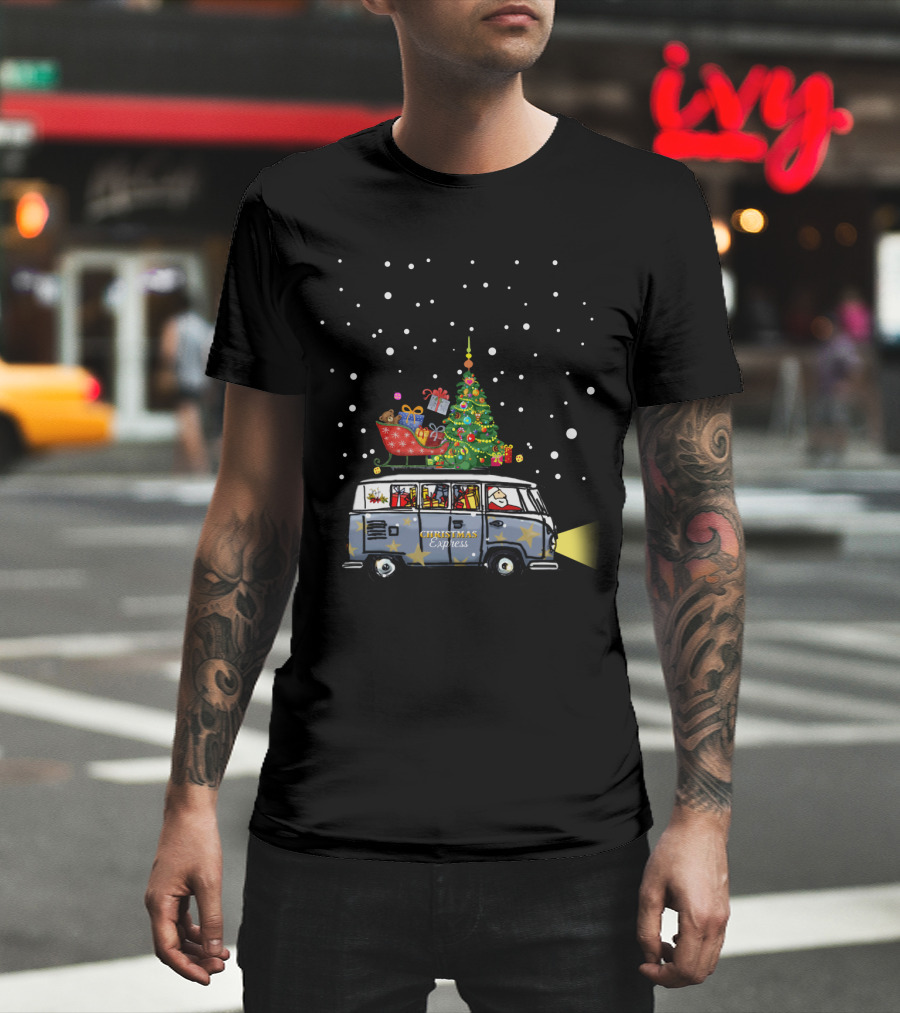 Christmas Express Van With Christmas Tree And Santa In Snowy Scene T-Shirt