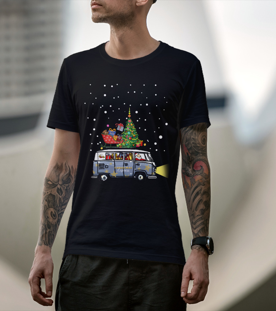 Christmas Express Van With Christmas Tree And Santa In Snowy Scene T-Shirt