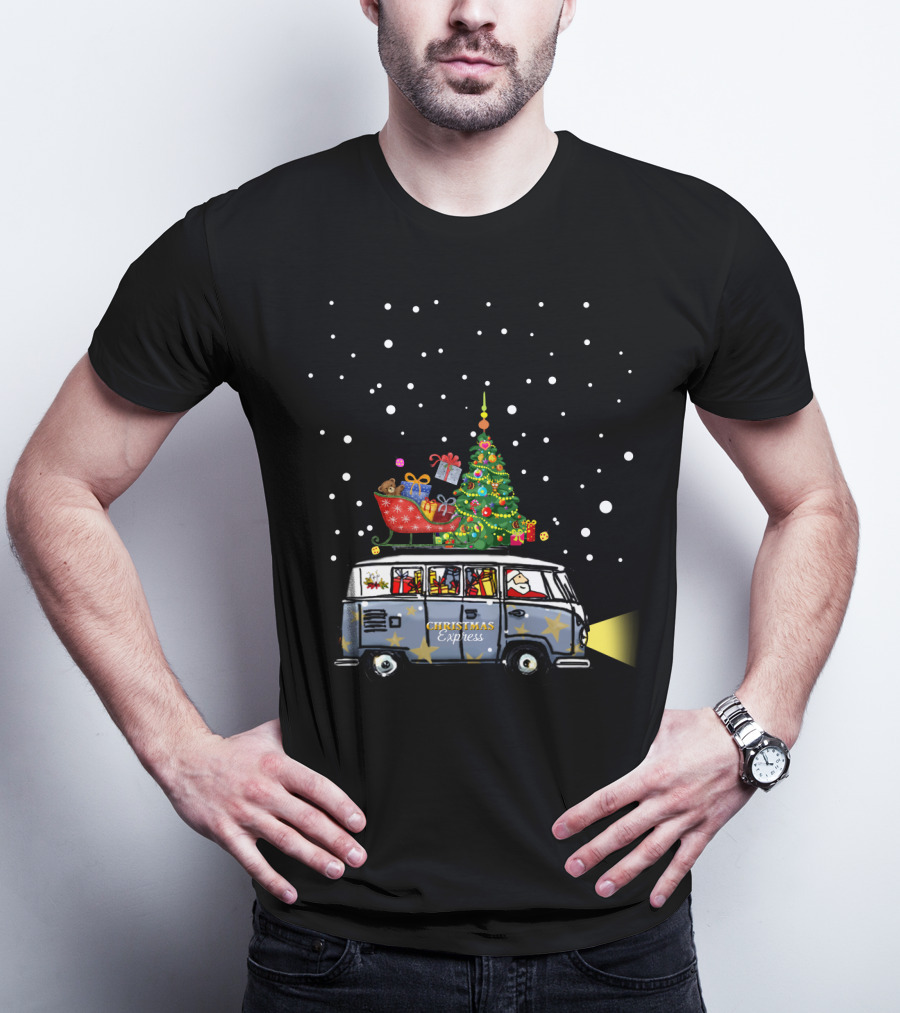 Christmas Express Van With Christmas Tree And Santa In Snowy Scene T-Shirt