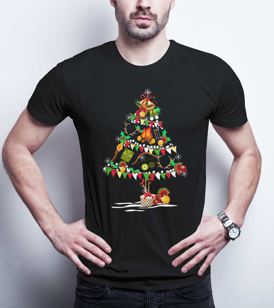 Holiday Deer Christmas Tree With Hunting Gear Ornaments And Festive Decorations T-Shirt