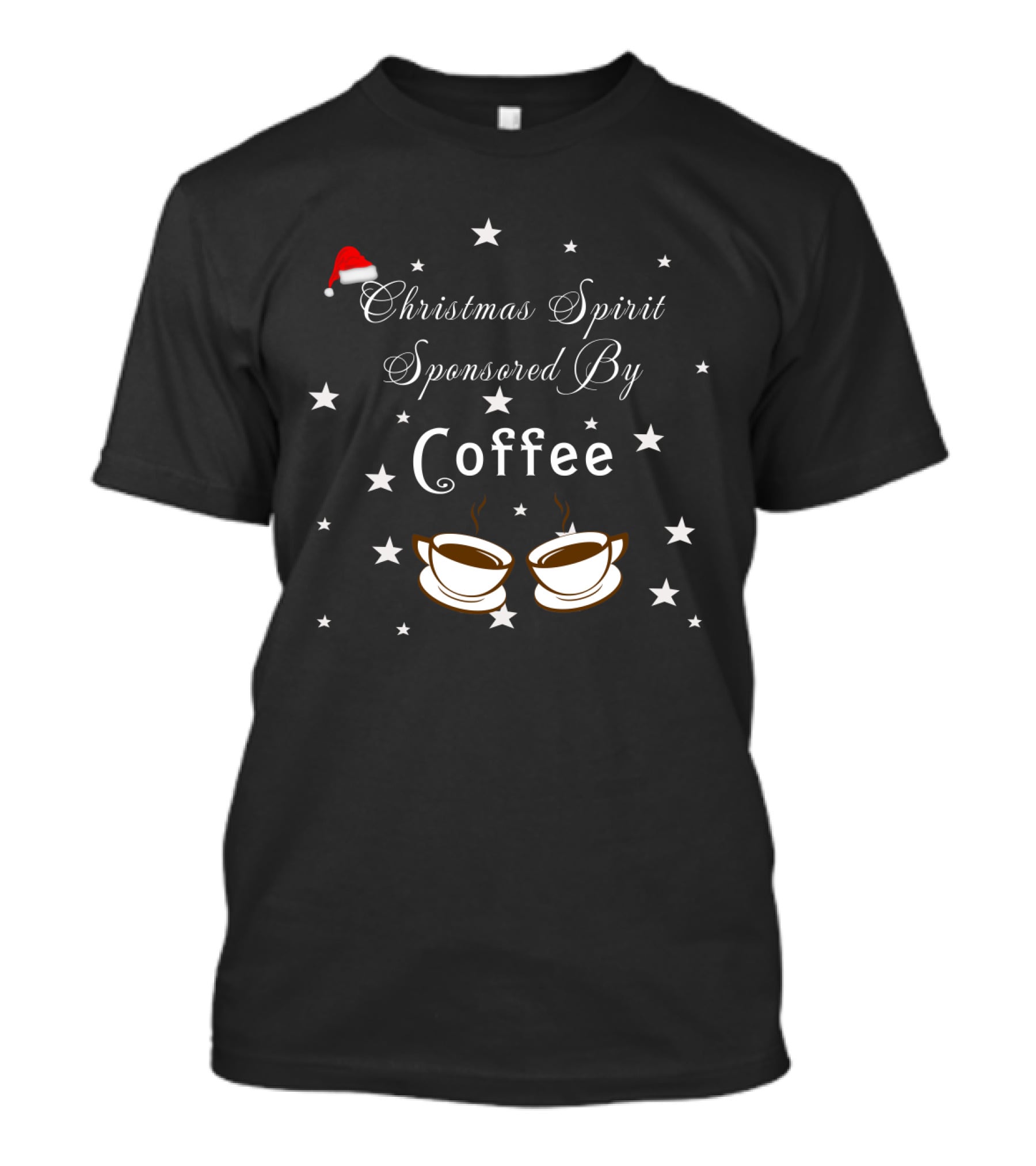 Festive Christmas Spirit Sponsored By Coffee With Santa Hat And Starry Coffee Cup T-Shirt