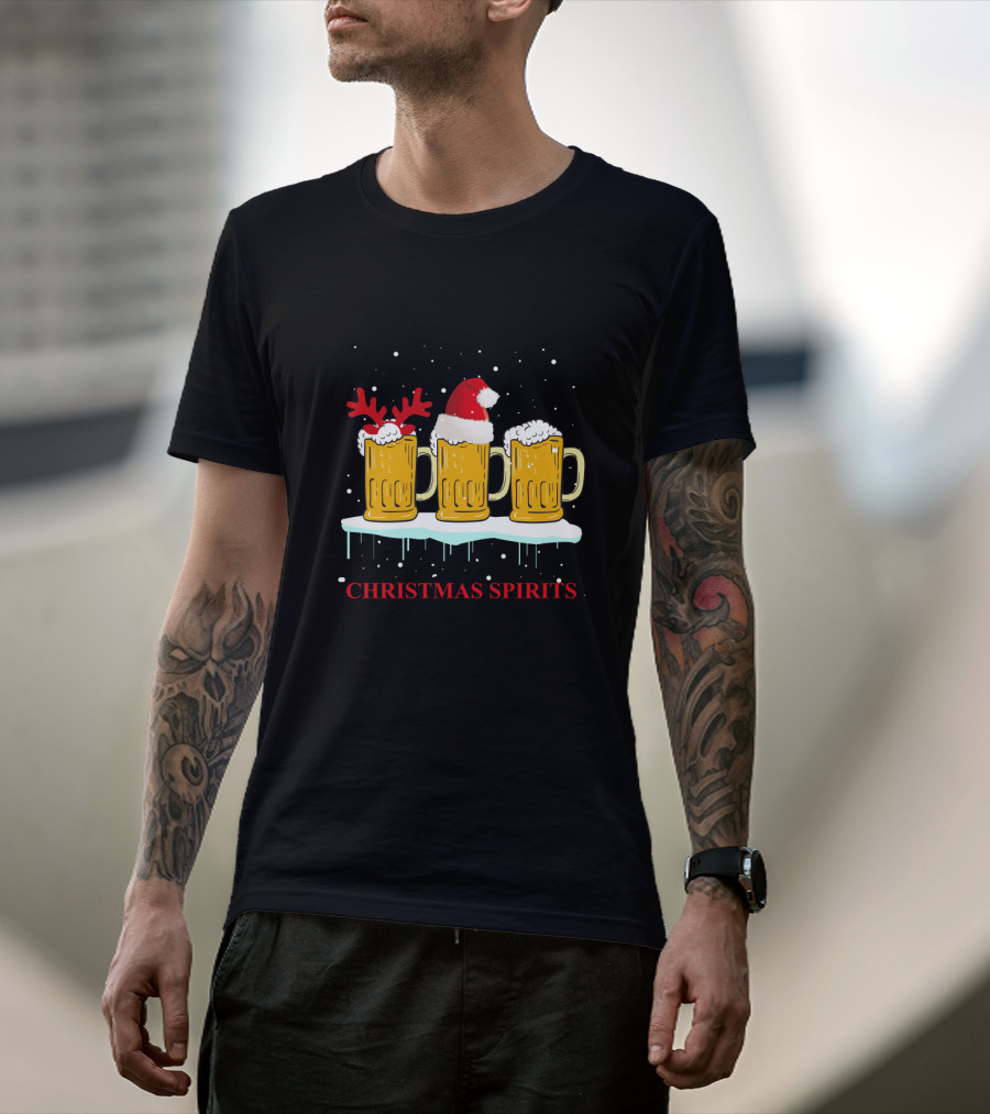 Christmas Spirits Beer Festive Mug Trio With Santa Hat And Reindeer Antlers T-Shirt