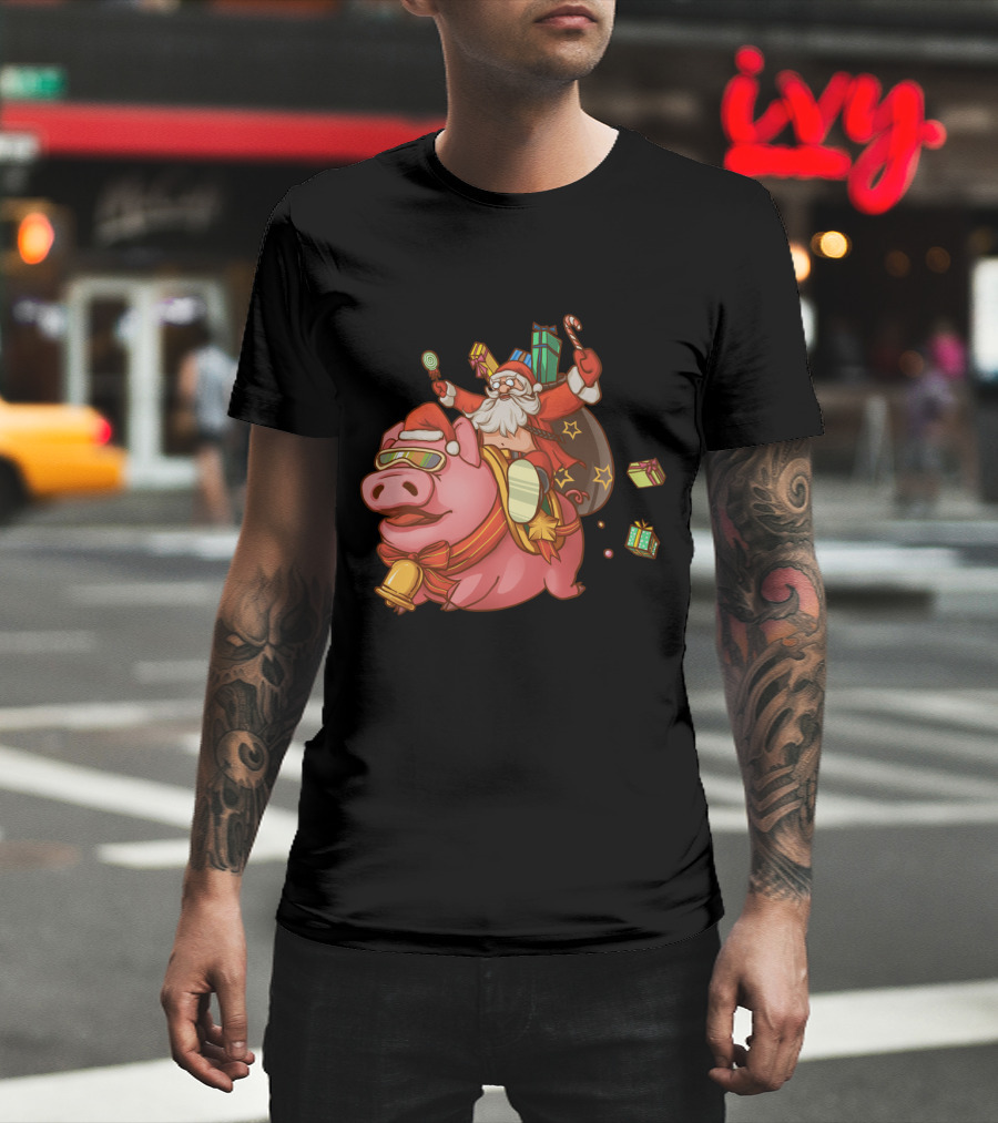 Santa Claus Riding Pig With Candy Canes And Christmas Gifts T-Shirt