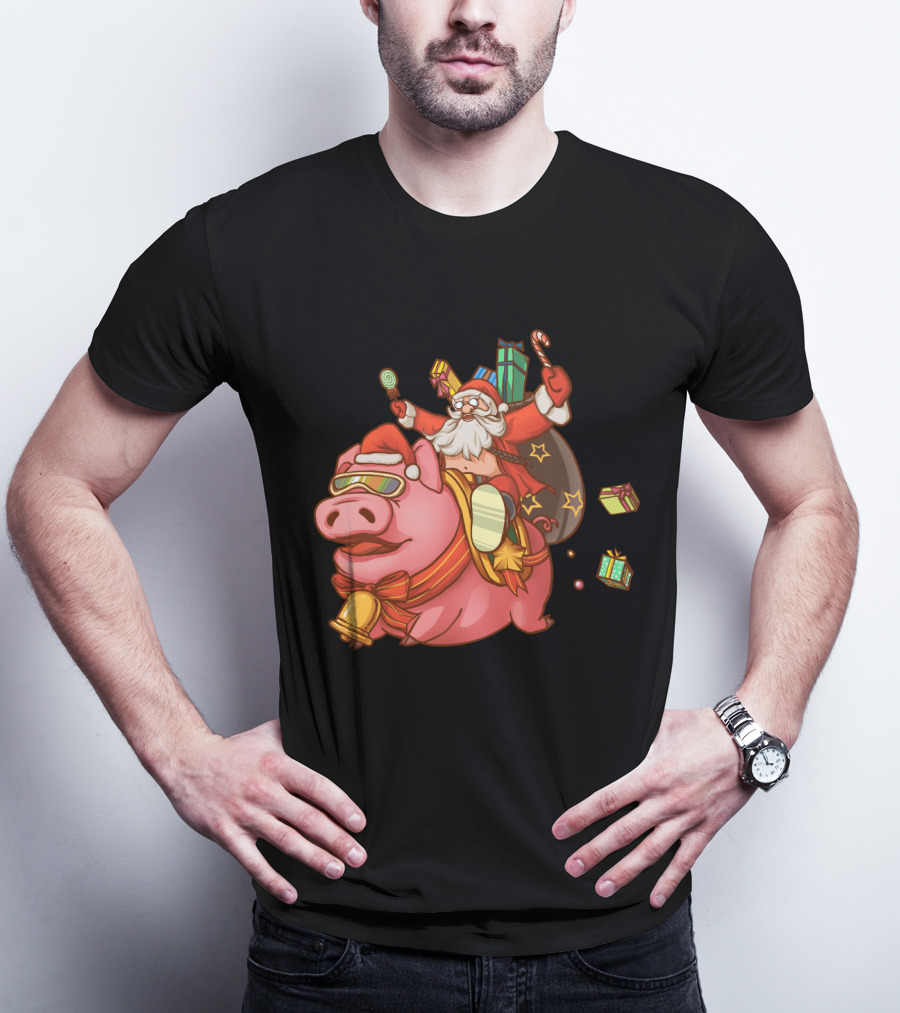 Santa Claus Riding Pig With Candy Canes And Christmas Gifts T-Shirt