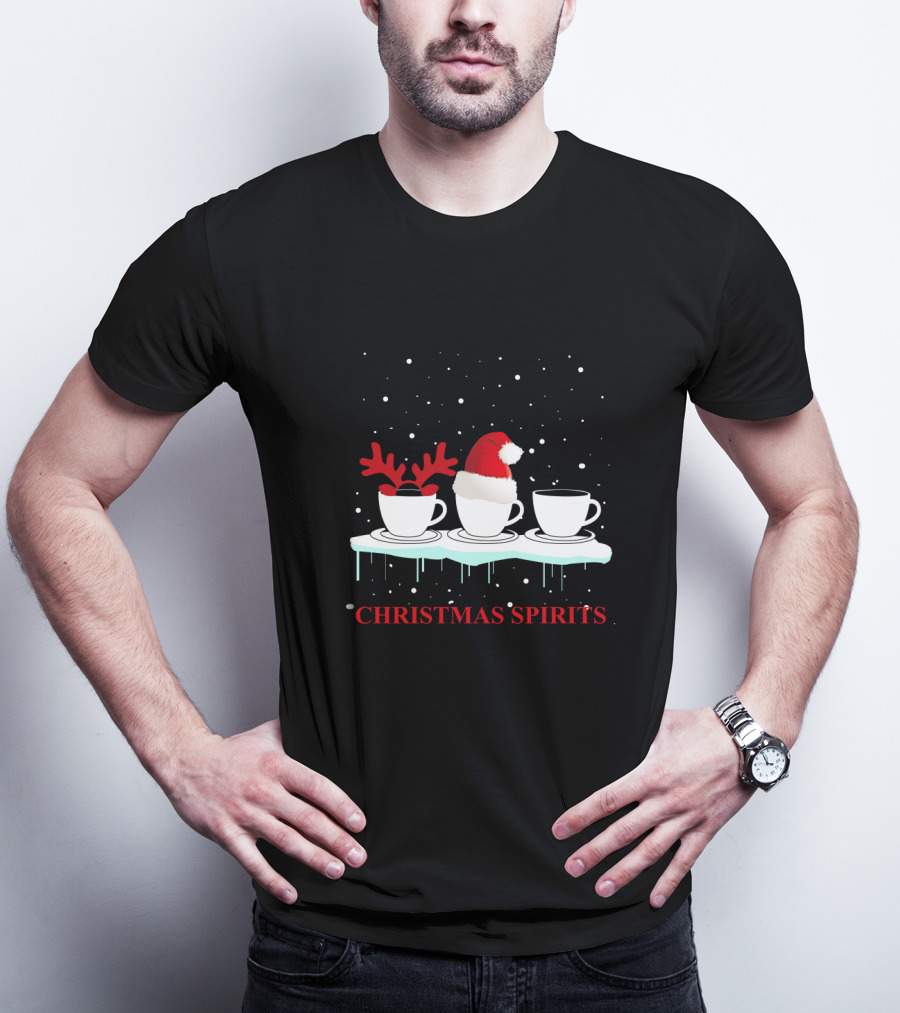Christmas Spirits Coffee Cups Reindeer Antlers Santa Hat Snowflakes T-Shirt